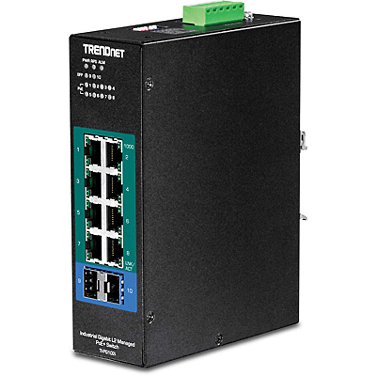 TRENDnet 10-Port Industrial Gigabit L2 Managed PoE+ DIN-Rail Switch, 8 x Gigabit PoE+ Ports, DIN-Rail Mount, 2 x SFP Slots, 24–57V DC Power Input, IP30, VLAN, Lifetime Protection, Black, TI-PG102i