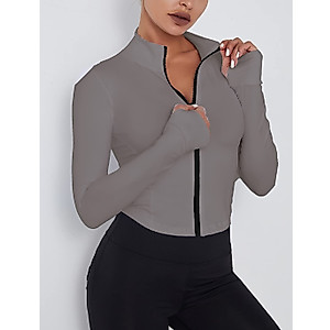 Fenclushy Womens Cropped Slim Athletic Yoga Workout Track Sports Zip Up Jacket with Thumb Holes(khaki,S)