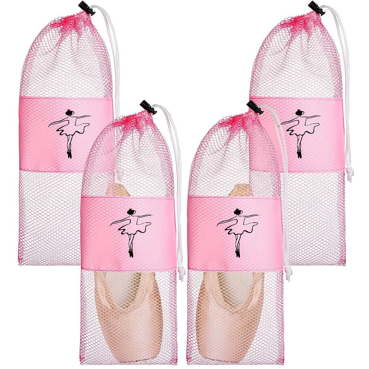 Shappy 4 Pcs Pointe Shoe Bag Pink Dance Mesh Shoe Bags Shoe Storage Ballet Dance Shoes Bag Drawstring Dance Shoe Pouch Bag for Women Girls, Medium Women/Medium Men