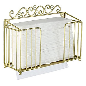 MyGift Vintage Brass Tone Metal Folded Paper Towel Holder with Scrollwork Design - Wall Mounted Trifold Z-Fold Disposable Napkin Dispenser Rack
