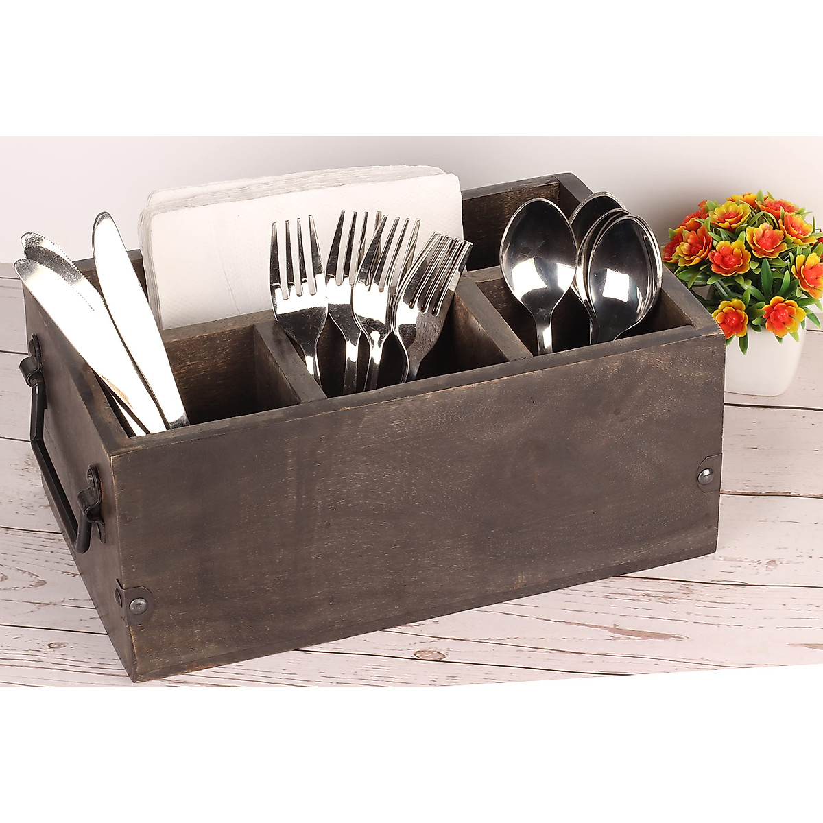ARTISENIA Mother's Day Gifts Wooden Kitchen Utensil Holder With 4 Compartments Wood Utensil Organizer for Cutlery, Napkins, Cups Caddy Organizer
