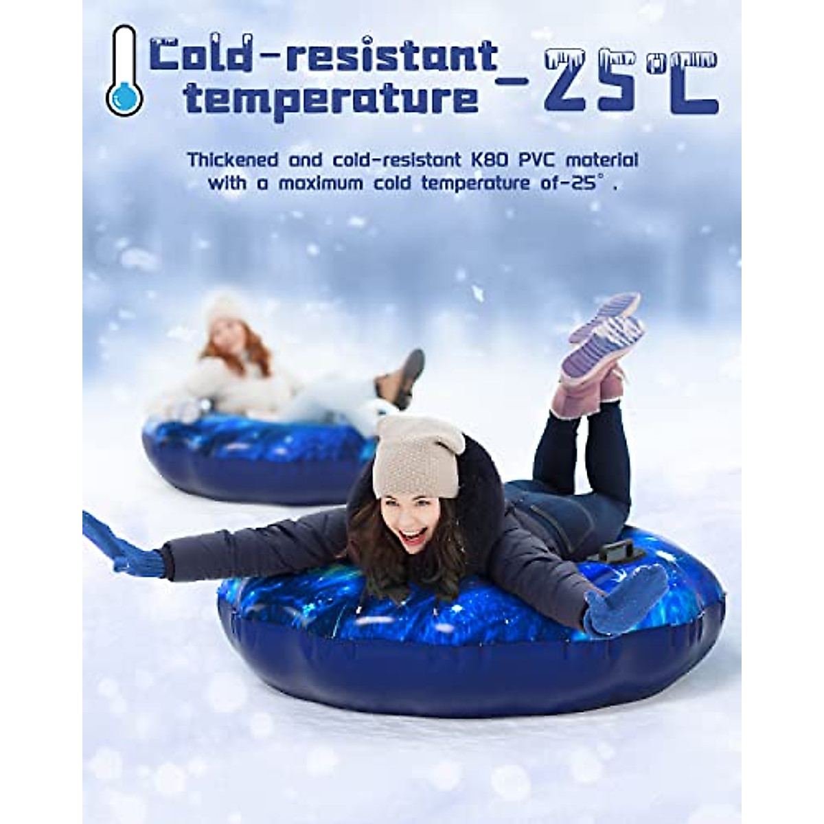 Snow Tube 55" Plus Size, TOSKIESGO Snow Sled for Adults and Kids with 1mm Cold-Proof and Heavy Duty Material, Easy to Carry, Thickening Inflatable Snow Tube with Sturdy Handles