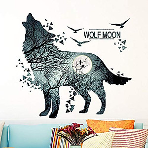 Removable Ink Moon Wolf Wall Decor Creative Blue Galaxy Wolf Room Wall Sticker Easy Peel & Stick Home Decor Murals for Kids Teen Girls Bedroom Nursery Ceiling Living Room