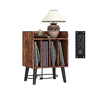 Vantimo Turntable Stand, Record Player Stand with Charging Station & USB Ports,Vinyl Vintage Record Stand with Album and Magazine Storage , Record Table for Living Room, Bedroom, Office, Rustic Brown