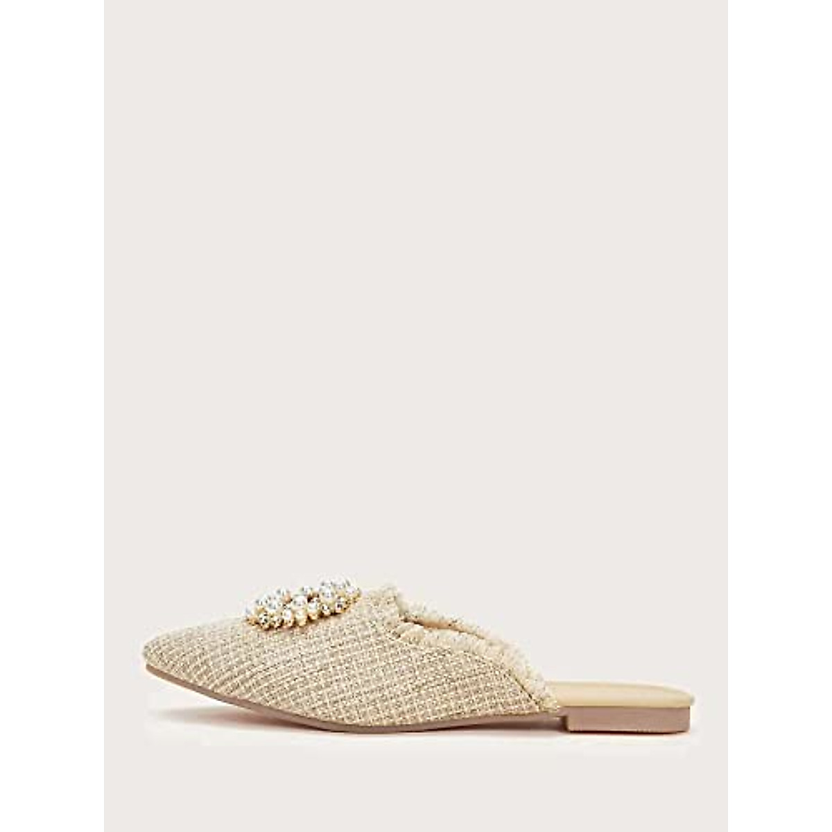 WDIRARA Women's Pointed Toe Flat Mules Slip On Faux Peals Raw Trim Loafer Slides Beige EUR39