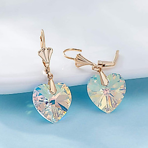 Austrian Crystal Heart Drop Leverback Earrings for Women Fashion Dangle Earring 14K Rose Gold Plated Hypoallergenic Jewelry (Aurora Borealis)