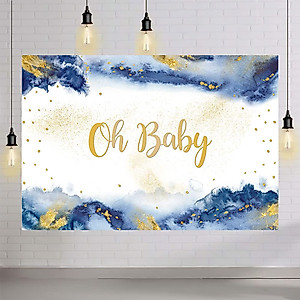 MEHOFOND 7x5ft Soft Fabric Oh Baby Backdrop for Boys Royal Blue Watercolor Pastel Clouds Baby Shower Photography Background Blue Clouds Gold Glitter Dots Party Decorations Cake Smash Photo Props