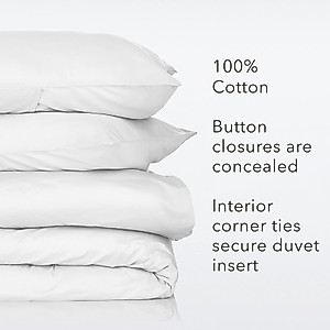 Nate Home by Nate Berkus 300TC 3-Piece Luxe Cotton Sateen Duvet Cover | Ultra Soft, Cool, Bedding Set from mDesign - Full/Queen Size - 1 Duvet Cover/2 Pillow Shams, Snow (White)