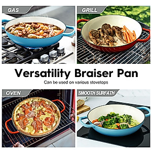 MICHELANGELO Braiser Enameled Cast Iron, 3.5 Quart Braiser Pan with Lid, Nonstick Braiser with Silicone Pads for Heat Insulation, Oven Safe Cast Iron Pan-Sky Blue