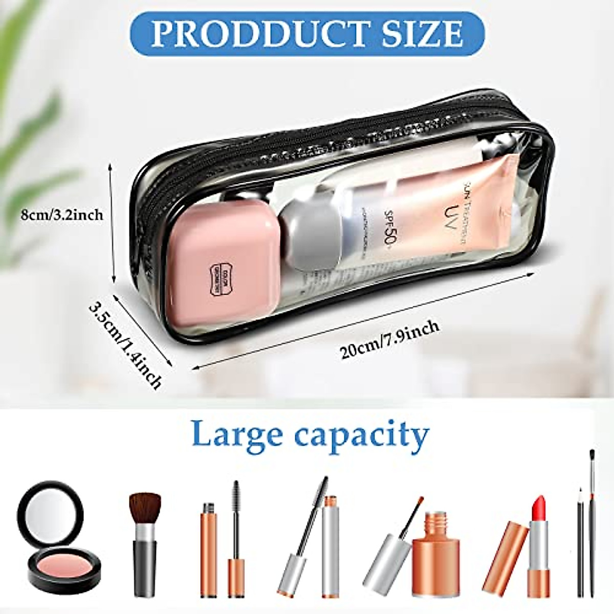 Cindeer 12 Pcs Clear PVC Pencil Bags with Zipper Pencil Pouch Clear Pencil Box Travel Toiletries Bag Makeup Bags Large Capacity Pencil Bag for Office Stationery Travel Storage (Black)