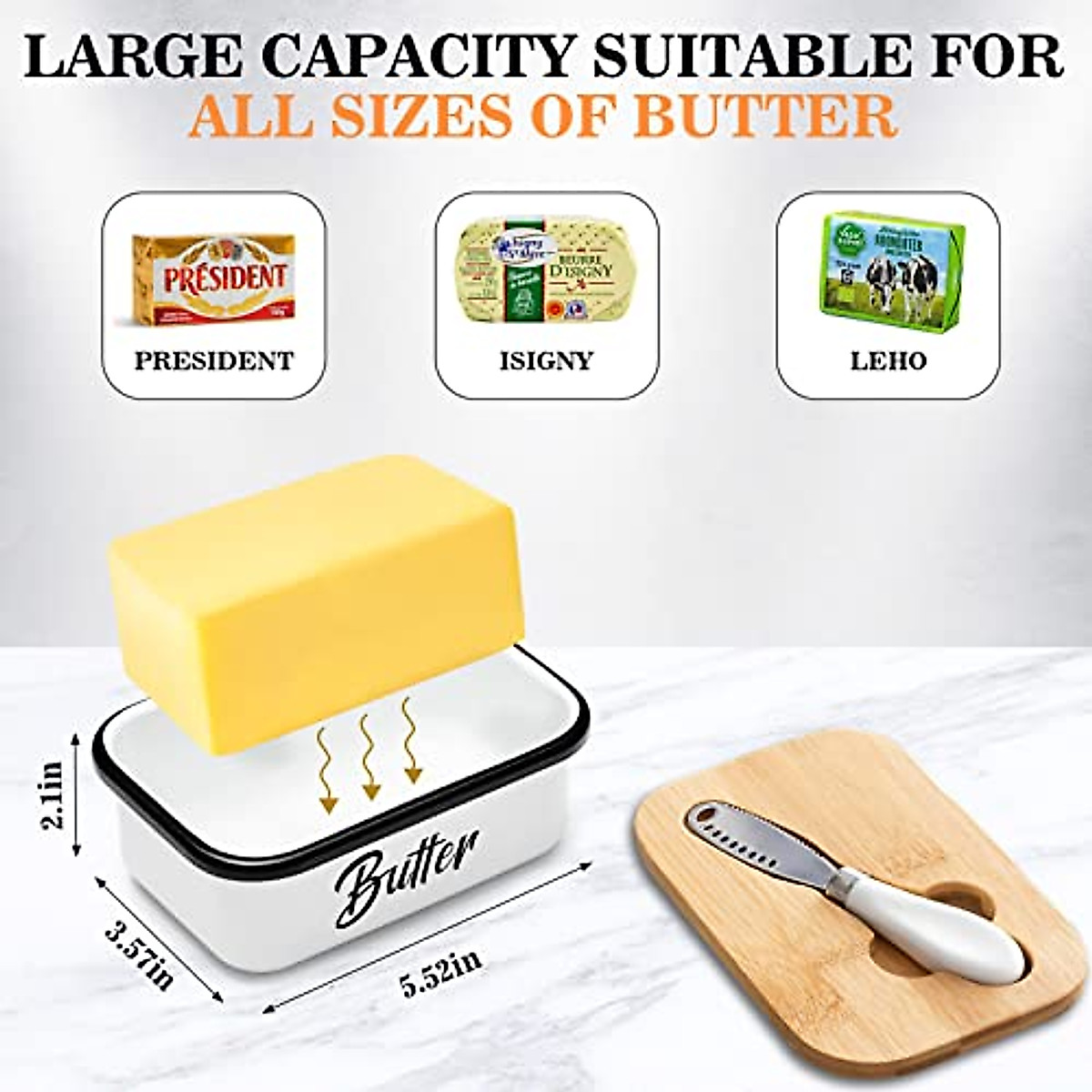 Farmhouse Butter Dish with Lid, Vivimee Metal Butter Container with Wooden Lid, White Butter Dish Keeps Your Butter Soft, Butter Keeper Holder, Butter Crock with Lid for Counter or Fridge