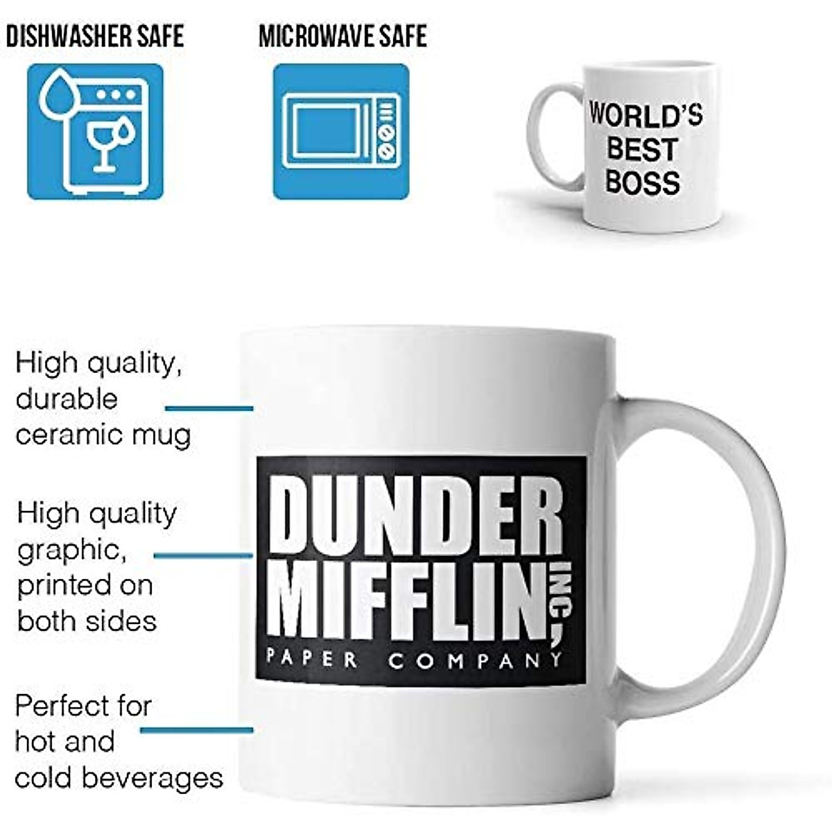 World's Best Boss Mug, The Office Mug Dunder Mifflin 11 oz Ceramic Mug Funny Unique Idea Cup Gift for Office Male Female Bosses Coworkers