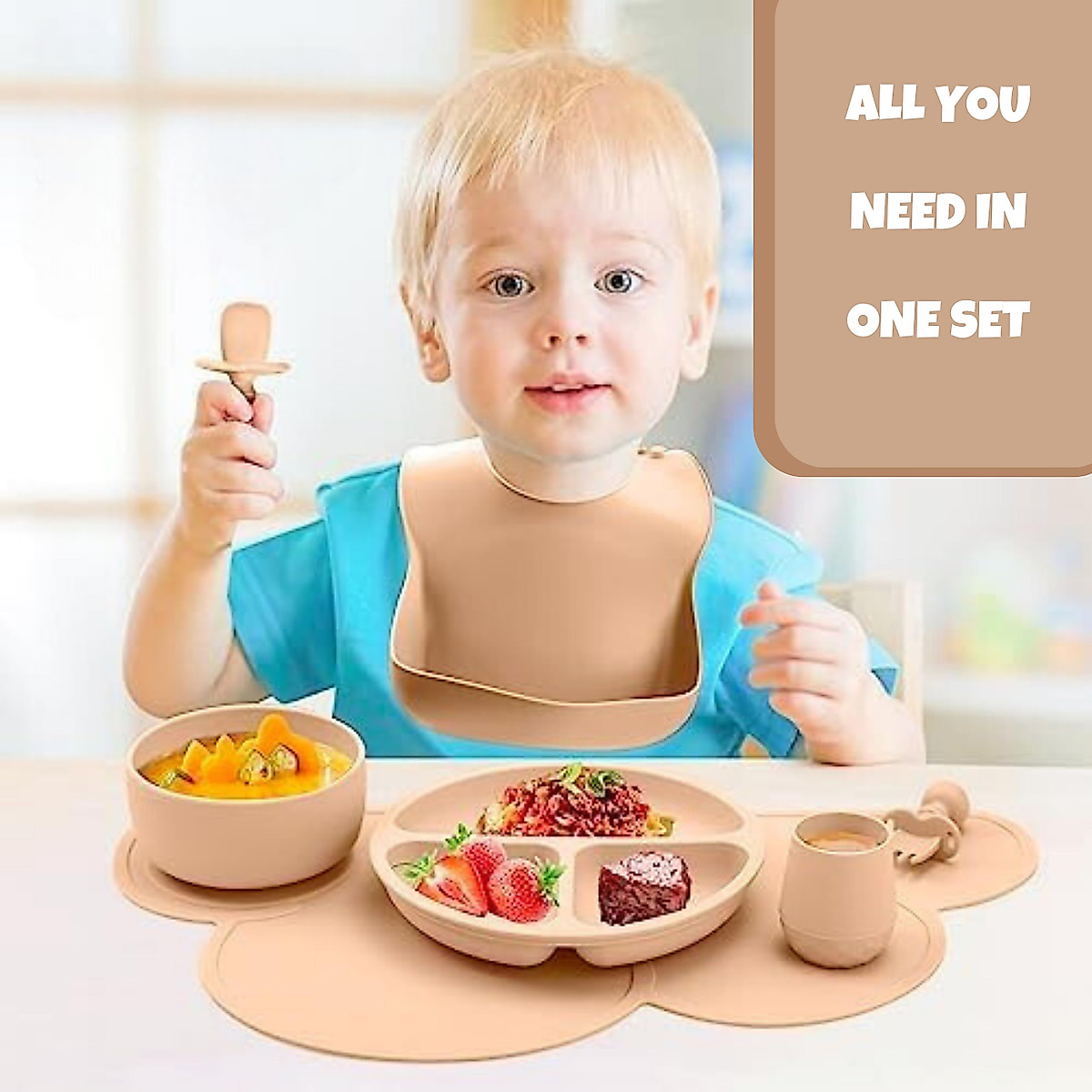 SILICONE FEEDING SET FOR BABY - BABY LED WEANING SUPPLIES - SILICONE BOWLS BABY - BABY'S PLATE-SELF FEEDING SPOONS FOR BABYS-TODDLER FORK-BABY PLATES WITH SUCTION-SUCTION BOWL AND PLATE-BABY FEEDING