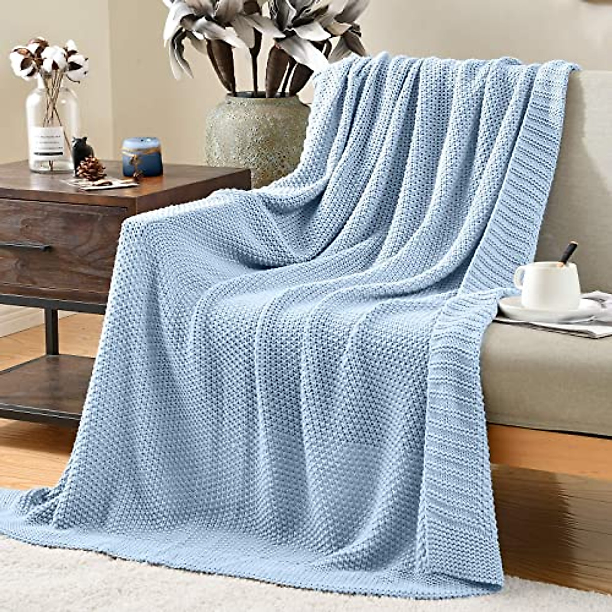 jinchan Cable Knit Throw Blanket Light Blue Sweater 100% Cotton Blanket for Couch Sofa Bed Woven Blanket Spring Throw Blanket Baby Nursery Women Gifts All Season 45x70 Inch