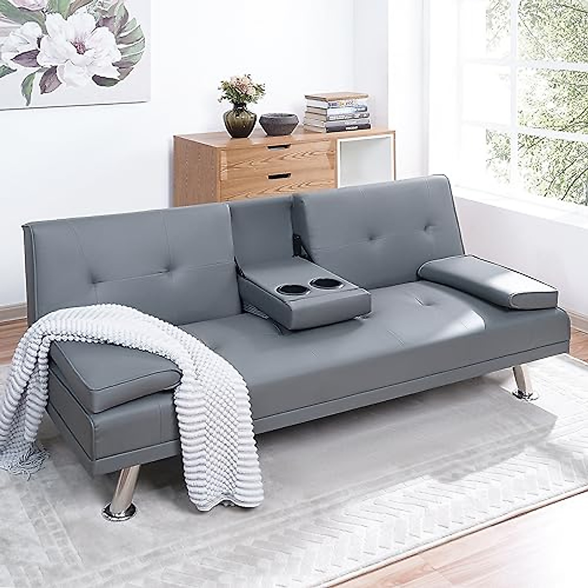 Space-Saving Design: Convertible Futon Sofa Bed, Versatile Comfort - Sturdy Build Modern Faux Leather Futon Couch - Low-Maintenance Upholstery - Customizable Positions - Easy Assembly - Gray
