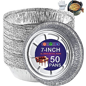50 Pack 7-Inch Round Aluminum Foil Pans, Disposable Tin Cake Pie Pans, Foil Liners for Air Fryer, Food Containers for Storage, Baking, Roasting, Meal Prep, Reheating