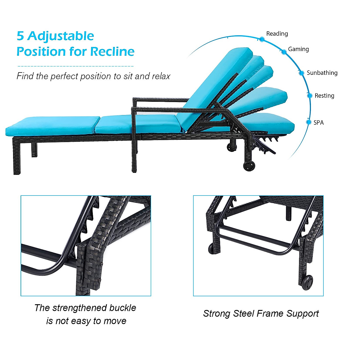 AECOJOY Chaise Lounge Chairs for Outside Outdoor Lounge Chairs Set of 2, Adjustable PE Rattan Wicker Patio Pool Lounge Chair with Cushion and Wheels for Poolside Backyard Deck Porch Garden, Blue