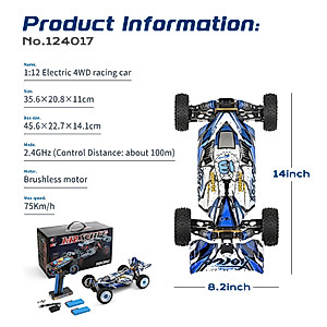 CKYSCHN WLtoys 124017(V2) Fast RC Car, 1/12 Brushless RC Car, 75km/h 4x4 Hobby RC Buggy Cars with Independent ESC for Adults, Fast Remote Control Truck Car with 2 Battery