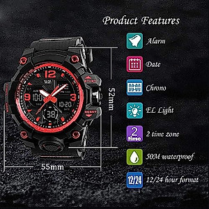 LYMFHCH Men's Analog Sports Watch, LED Military Digital Watch Electronic Stopwatch Large Dual Dial Time Outdoor Army Wrist Watch Tactical