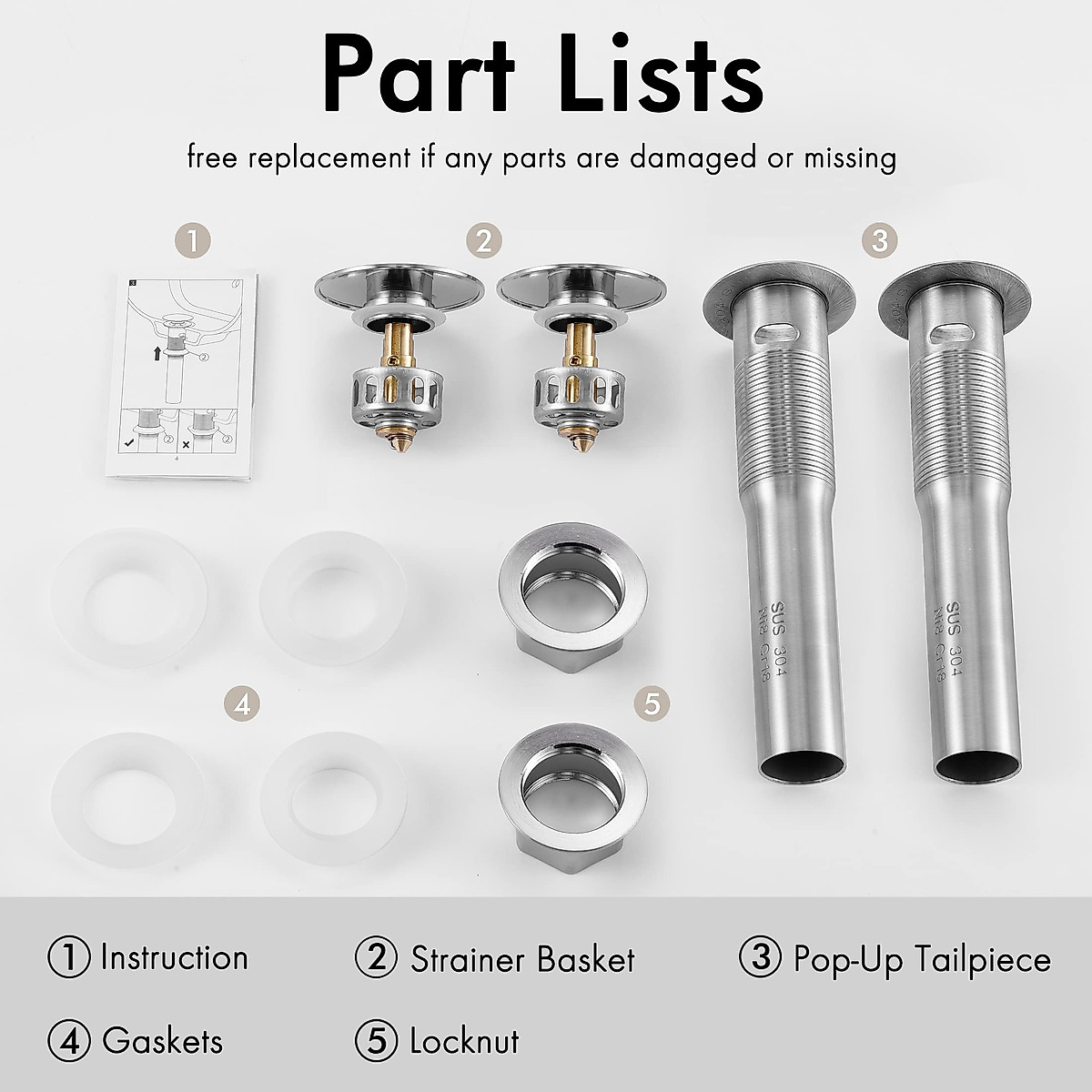 KES Bathroom Sink Drain Stopper with Overflow, Pop Up Drain with Detachable Hair Catcher for Lavatory Vanity Vessel Sink, Brushed Nickel 2 Pack, ALL Metal Rustproof 304 Stainless Steel, S2013A-BN-P2