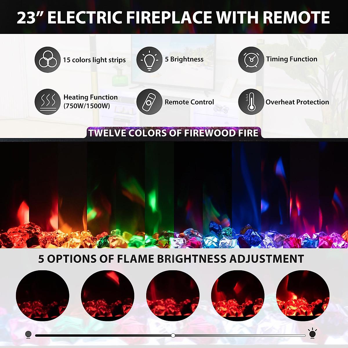 COCO DESIGN Fireplace TV Stand with 23" Fireplace, Electric Fireplace TV Console for TVs up to 75", LED Lights Wood and Glass Entertainment Center & Remote Control, White