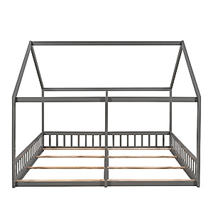 Ball & Cast Twin Size Double House Bed Frame with Guardrail,Two Shared Wooden Floor Beds with Roof for Kids Boys Girls,No Box Spring Needed,Gray