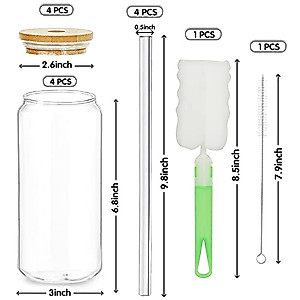 BESTBEL 4 Pack Drinking Glasses with Bamboo Lids and Glass Straws,20 OZ Can Shaped Glass Cups,Beer Can Glass,Ice Coffee Cups,Smoothie Cups,Glass Tumblers,Boba Cups,Soda Can Glass with Lids and Straws