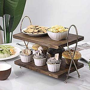 MyGift 2 Tier Burnt Wood and Brass Metal Server Cupcake Holder Stand, Dessert and Appetizer Tower, Buffet Serving Riser Display