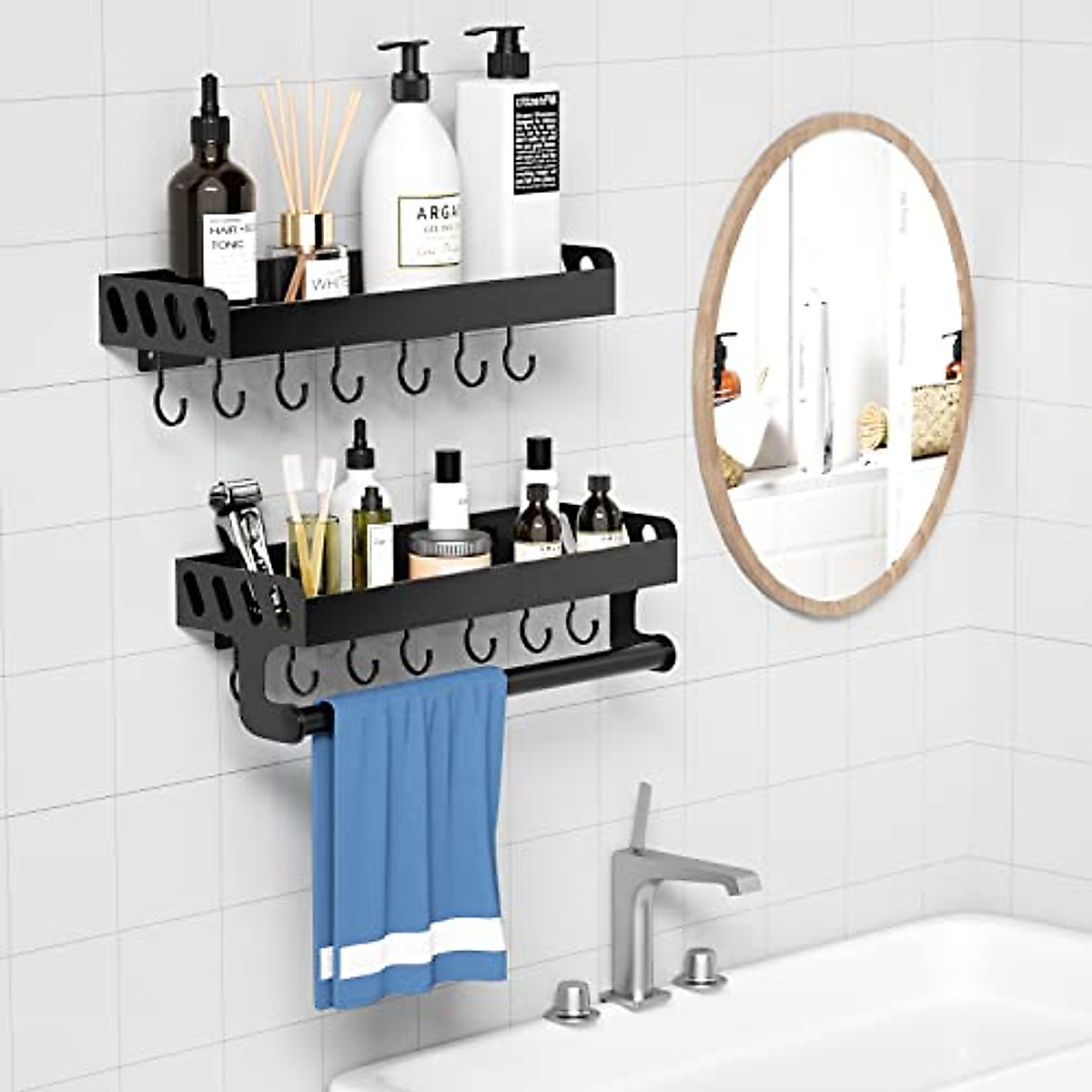 Shengsite Shower Caddy Shelf, Wall Mounted Shower Organizer with Towel Bar and Hooks, Drill Free Aluminum Alloy Caddy Rack for Bathroom, Kitchen, Bedroom, Over Toilet - Set of 2