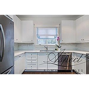 LOGANOVA Custom Flat Roman Shade with white background and baby blue Greek key border. Premium lining and chain mechanism.