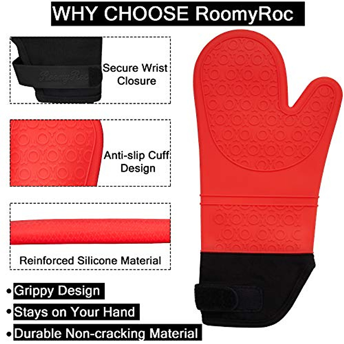 Silicone Oven Mitts with Adjustable Cuff, RoomyRoc Oven Mitt with Non-Slip Grip and Thicker Liner, Heat Resistant Pot Holders, Extra Long Professional Soft Flexible Oven Gloves, Red, 1 Pair, 14.7 Inch