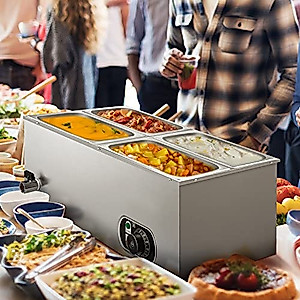 Commercial Food Warmer Bain Marie, 110V 4-Pan Stainless Steel Steam Table with 14.8 Qt Capacity and Precise Temperature Control