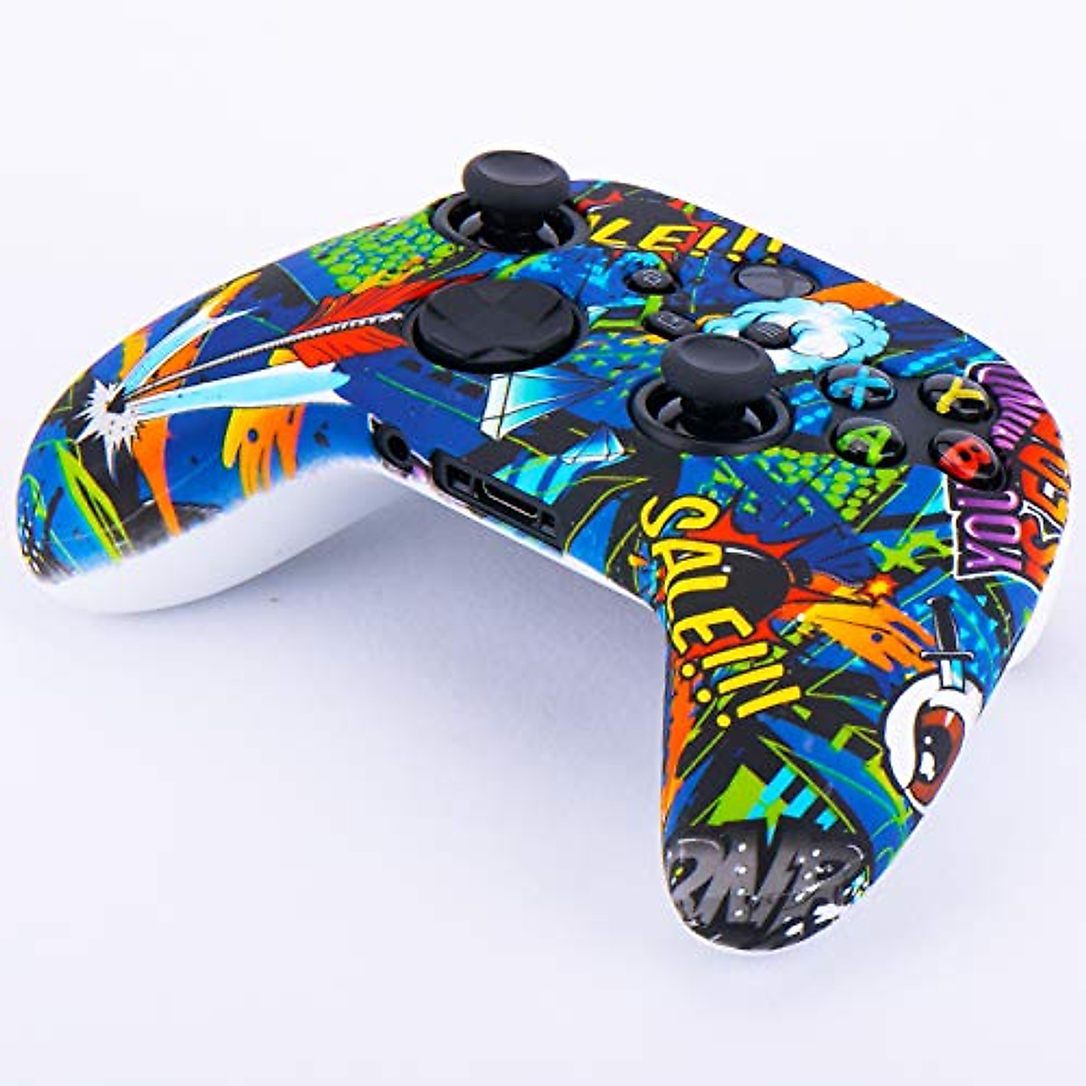 YoRHa Silicone Printing Thickened Cover Skin Case for Xbox Series X/S Controller x 1(Blue Graffiti) with Thumb Grips x 10
