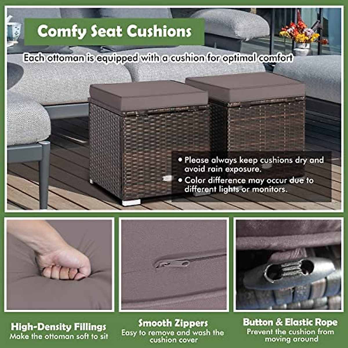 HAPPYGRILL 2 Piece Patio Ottoman Set Outdoor Wicker Stool with Storage, Rattan Footrest Ottoman with Solid Metal Frame and Cushion for Backyard Poolside Garden Balcony