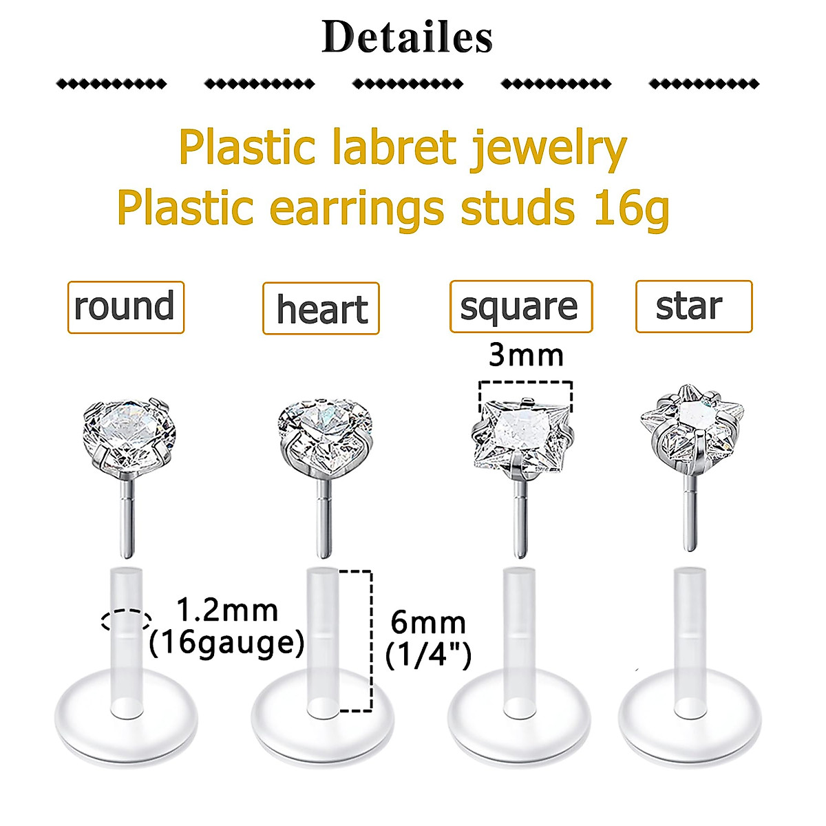 QWALIT 16G Clear Lip Rings Studs Plastic Cartilage Tragus Earrings Retainer for Work Cubic Zirconia Bioflex Medusa Labret Piercing Jewelry 6mm 8mm 10mm 12mm