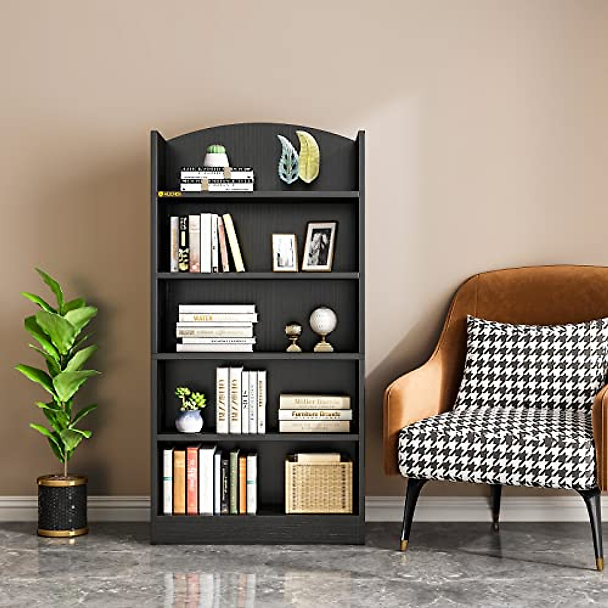 MULKGLOBAL 5 Shelf Bookcase Multi Functional Wood Storage Display Open Bookshelf 48 Inch Tall Bookcase Home Decor Furniture for Home Office,Black