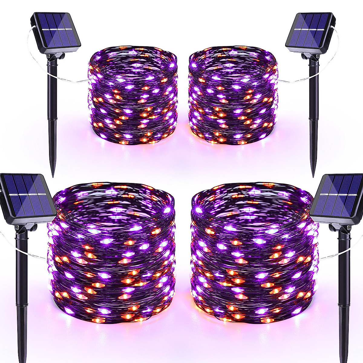 Solar Halloween Lights Outdoor - 4 Pack Total 135ft 400 LED Solar Fairy Lights Waterproof 8 Modes Twinkle Black Wire String Lights for Halloween Party DIY Decoration (Orange Purple)