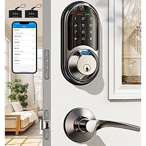 Veise Smart Locks for Front Door, 2 Lever Handles, Fingerprint Keyless Entry, App Control Biometric Door Lock Set, Electronic Digital Touchscreen Keypad Deadbolt, Easy Install, Auto Lock, Satin Nickel