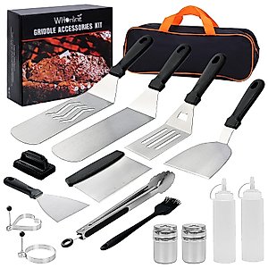 Whonline Griddle Accessories, 16pcs, Griddle Spatula Set for Blackstone and Camp Chef Stainless Steel BBQ Accessories with Spatula, Scraper, Bottle, Tongs, Egg Ring