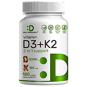 DEAL SUPPLEMENT Vitamin D3 K2 Softgel, 180 Counts, 2-1 Complex, Vitamin D3 5000 IU & Vitamin K2 MK7, Promotes Heart, Bone & Teeth Health - Very Easy to Swallow