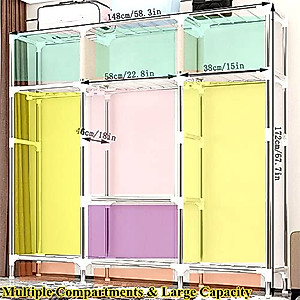 QUMENEY Portable Closet Large Wardrobe Clothes Standing Shelves Organizer, Non-Woven Fabric Closet Storage Organizer with 4 Storage Shelves, 3 Hanging Sections 2 Side Pockets (Sunny Town)