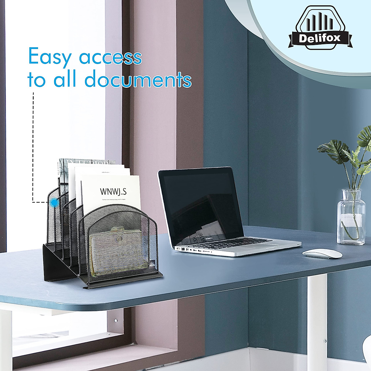 Delifox Inclined Desk File Organizer, 5-Section Vertical File Folder Holder Mail Sorter Stand Up Metal Rack for Office Classroom Desktop Organization