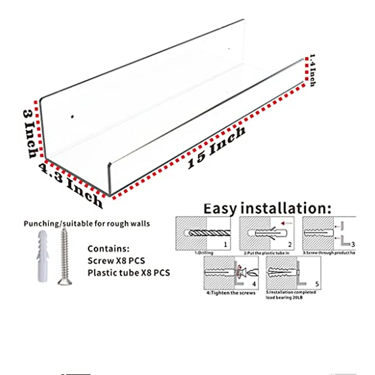 4 Pack Clear Acrylic Floating Wall Ledge Shelf for,15'' Invisible Mounted Nursery Kids Bookshelf for Room,Modern Funko Pop Display Shelves Toy Storage (Pack of 4)