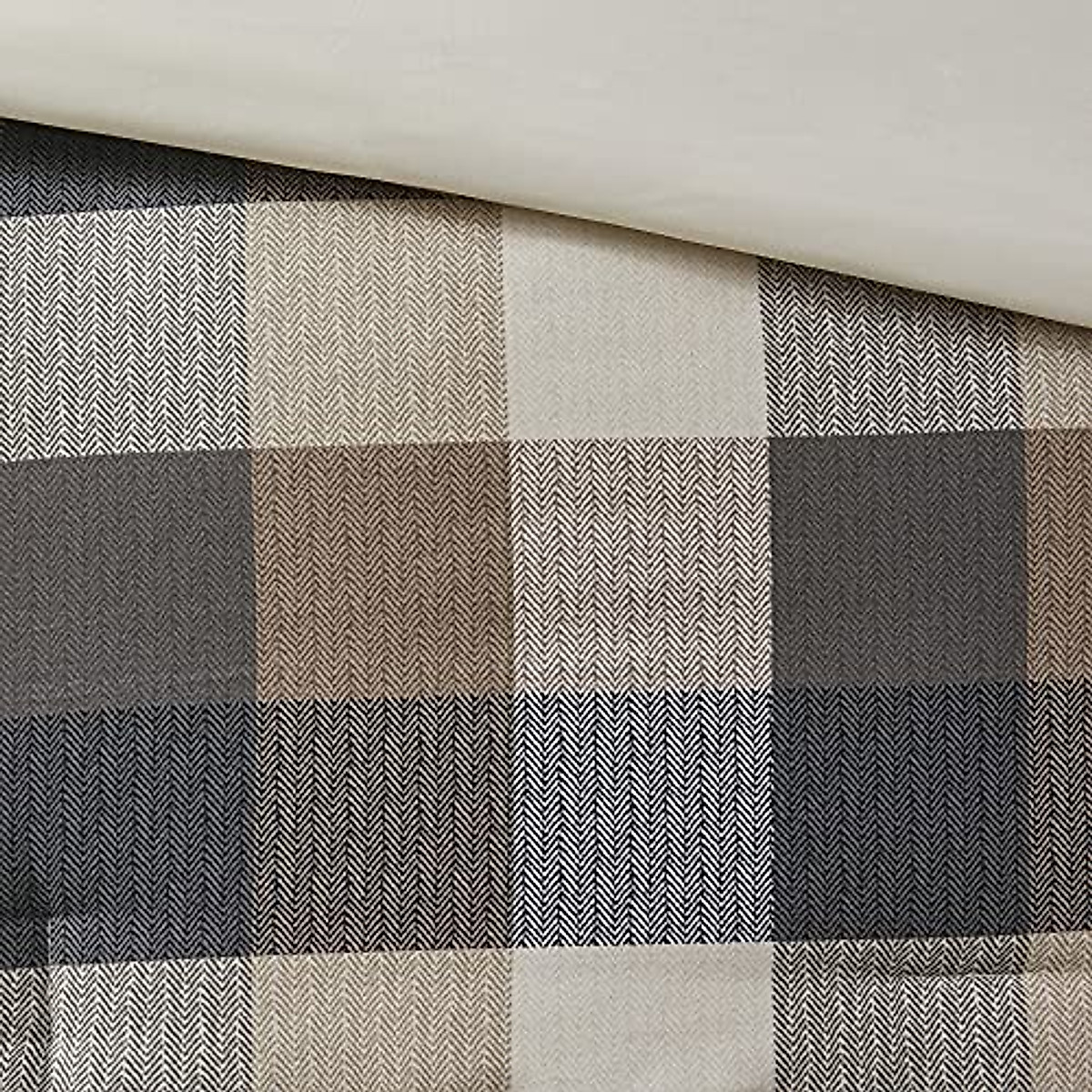 Madison Park Ridge Comforter Set-Cabin Lodge Plaid Herringbone Design All Season Down Alternative Cozy Bedding with Matching Bedskirt, Shams, Decorative Pillow, Queen(90"x90"), Neutral 7 Piece