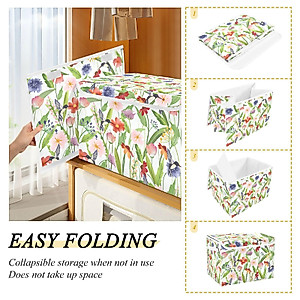 VIGTRO Large Collapsible Storage Bins with Lids Spring Cute Hummingbird, Red Wild Flowers Storage Baskets Organizer Containers with Handles for Home Bedroom Office