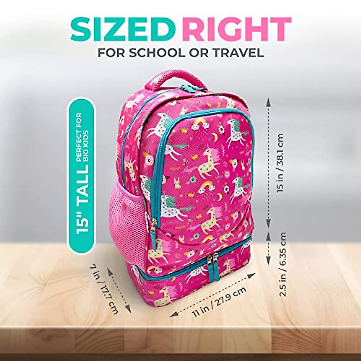 Unicorn Backpack with Lunch Box for Girls, Cute 15” Girl Backpacks and Integrated Lunch Bag with Water Bottle Pocket Holder, Insulated Padded Travel Bags Boxes for Elementary School Kids, Pink Teal