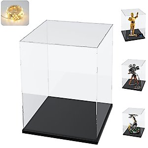 Thickened Clear Acrylic Display Case for Lego 75398 C-3PO 76989 21347 75308 Collectibles, Self-Assembly Box Dustproof Protection with Wood-Plastic Base & String Light, Black Inside 9.8x9.8x15.7 inch