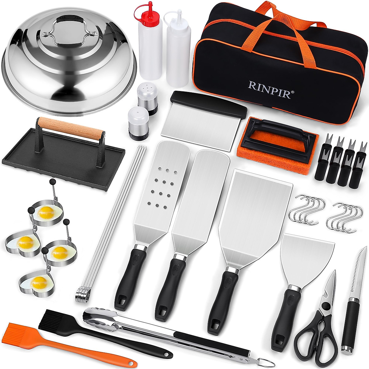 RINPIR 42pcs Griddle Accessories Kit for Blackstone, Flat Top Teppanyaki Spatula Set with Enlarged Spatulas, Melting Dome and Burger Press, Professional Hibachi Tools Gifts for Outdoor BBQ