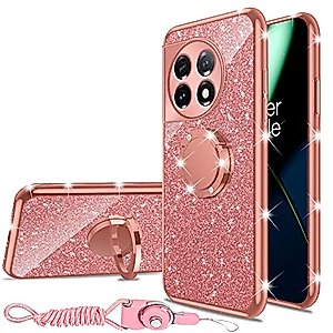 nancheng for Oneplus 11 Case (2023), Phone Case for Oneplus 11 5G Women Glitter Cute Luxury Soft Silicone Clear Case with Ring Stand Strap Lanyard Shockproof Protection Cover - Rose Gold