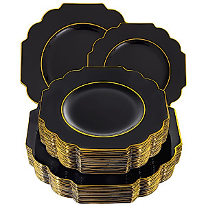 supernal 60pcs Black Plastic Plates,Black and Gold Plates Baroque,Gold Plates Plastic,Include 30 Plastic Dinner Plates,30 Appetizer Plates,Suit For Party, Birthday, Wedding, Easter and Monther's Day